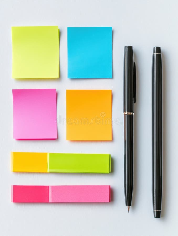 Colorful Sticky Notes and Pens Arranged on a Clean White Desk in an ...
