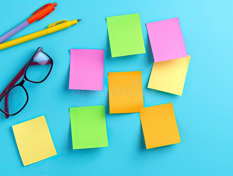 Colorful Sticky Notes, Pens, and Glasses on a Bright Blue Background ...
