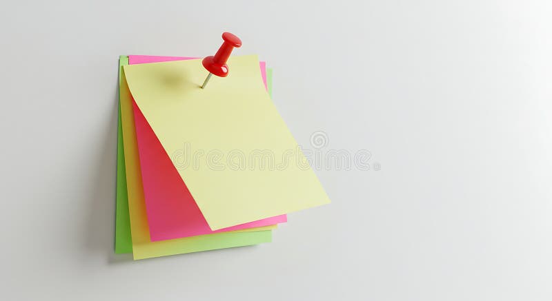 Colorful Sticky Notes Pinned To Wall with Red Pushpin Close Up Stock ...