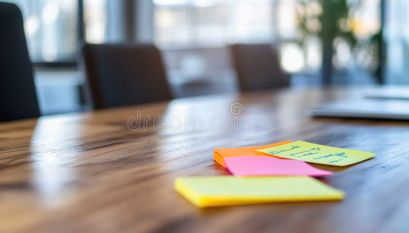 Colorful Sticky Notes Resting on Wooden Conference Table in Modern ...