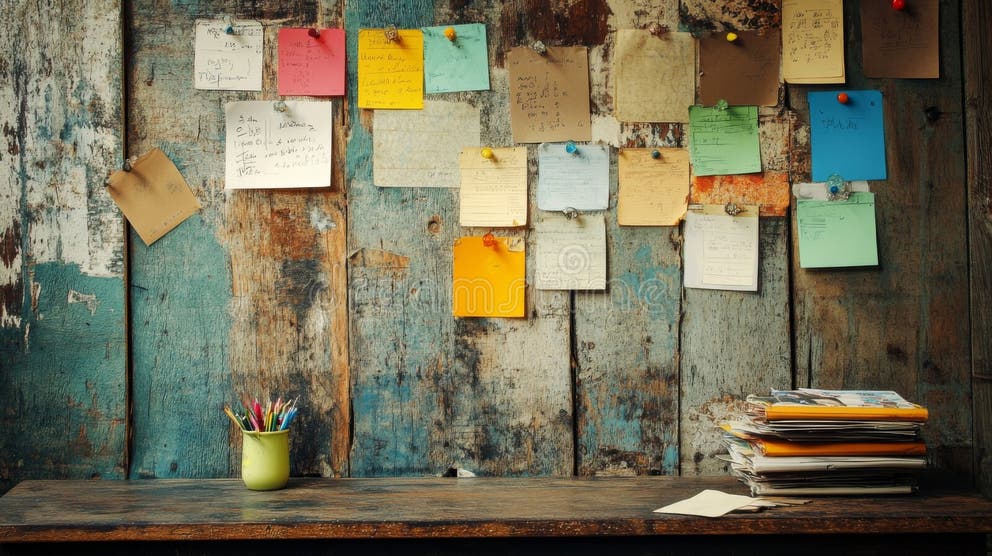 Colorful Sticky Notes on Rustic Wooden Wall Stock Illustration ...