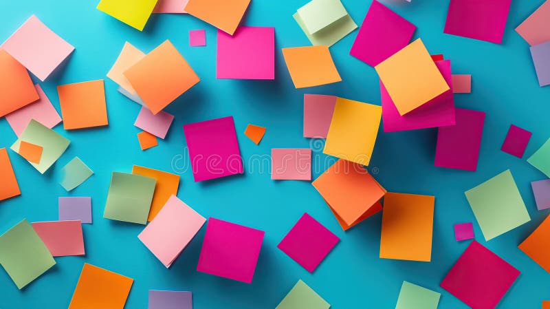 Colorful Sticky Notes Scattered on Blue Background; Brainstorming ...