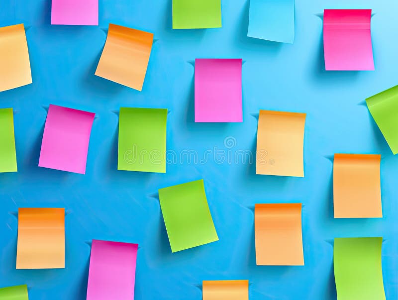 Colorful Sticky Notes Scattered on a Blue Background, Representing ... Colorful Sticky Notes Scattered on a Blue Background, Representing ...