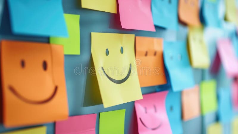 Colorful Sticky Notes with Smiles Covering an Office Wall, Representing ...