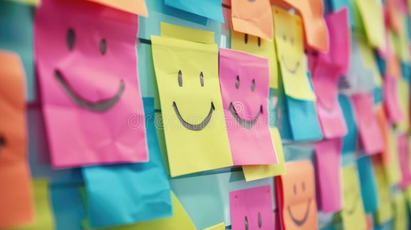 Colorful Sticky Notes with Smiles Covering an Office Wall, Representing ...