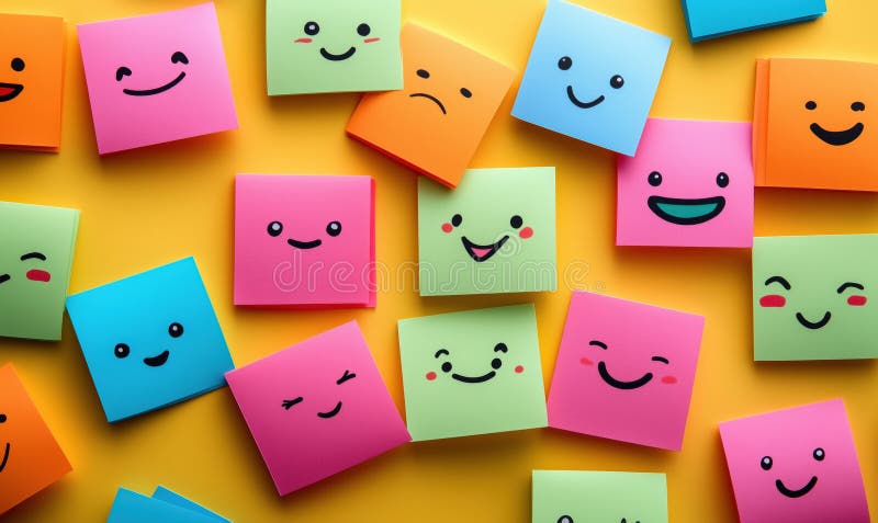 Colorful Sticky Notes with Smiley Faces on Vibrant Yellow Background ...