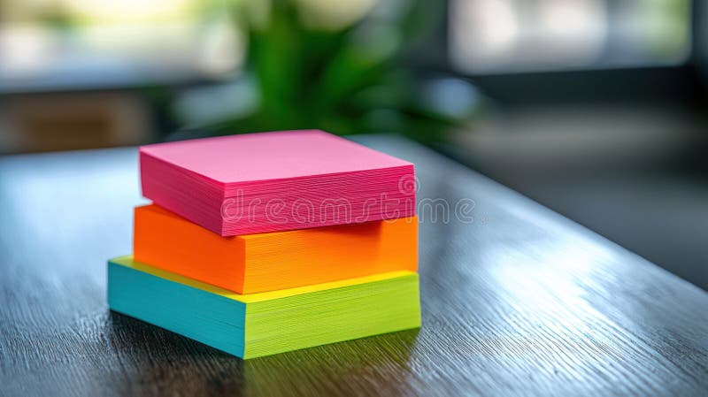 Colorful Sticky Notes Stacked on Wooden Table in Modern Office Setting ...