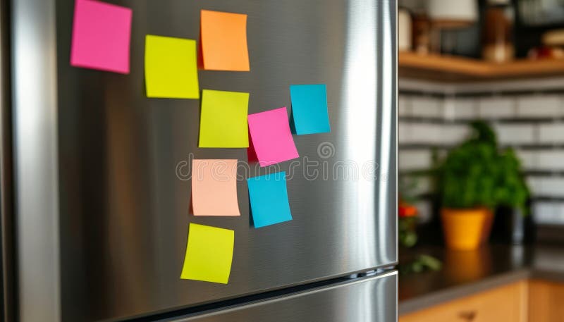 Colorful Sticky Notes on Stainless Steel Refrigerator Modern Kitchen ...