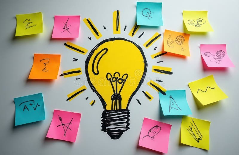 Colorful Sticky Notes Surround Big Yellow Lightbulb Drawing. Ideas ...