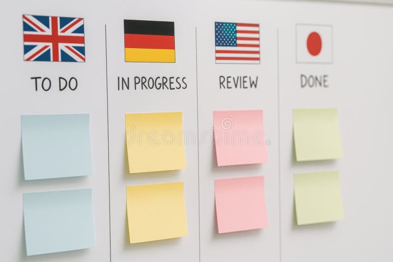 Colorful Sticky Notes on a Whiteboard with Flags Representing Different ...