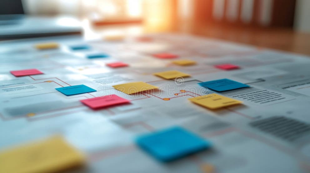 Colorful Sticky Notes on a Workflow Diagram Stock Illustration ...