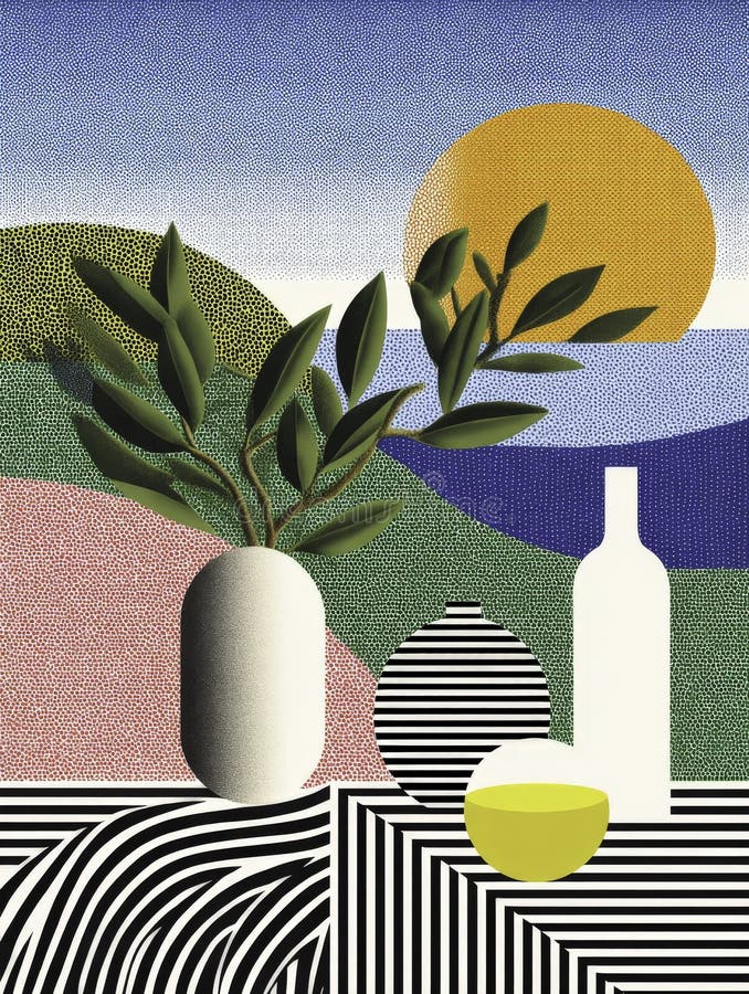 Colorful Still Life with Abstract Elements Showcasing a Vase, Bottle ...