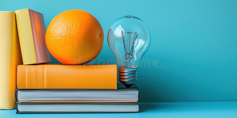Colorful Still Life with Books, Orange Fruit, and Light Bulb on Blue ...