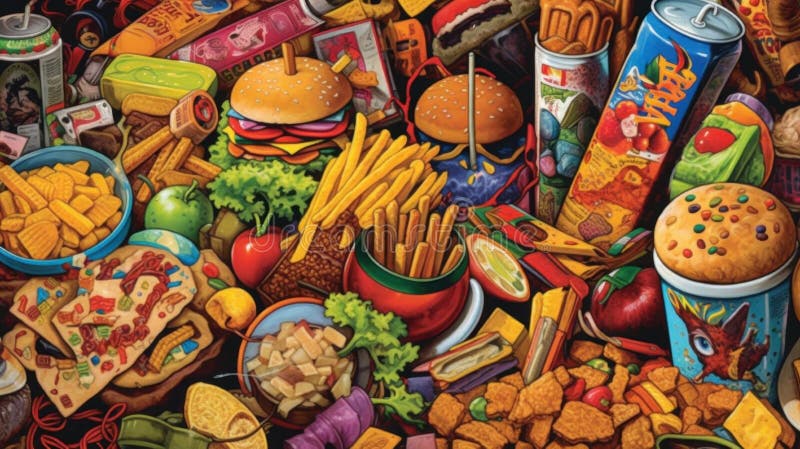 A Colorful Still Life of Junk Food and Snacks Stock Illustration ...