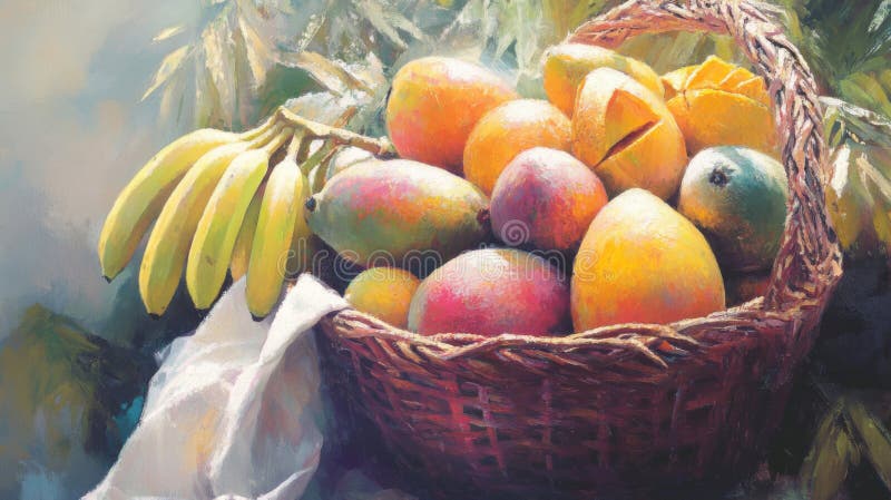 Colorful Still Life of Mangoes and Bananas in a Rustic Basket Stock ...