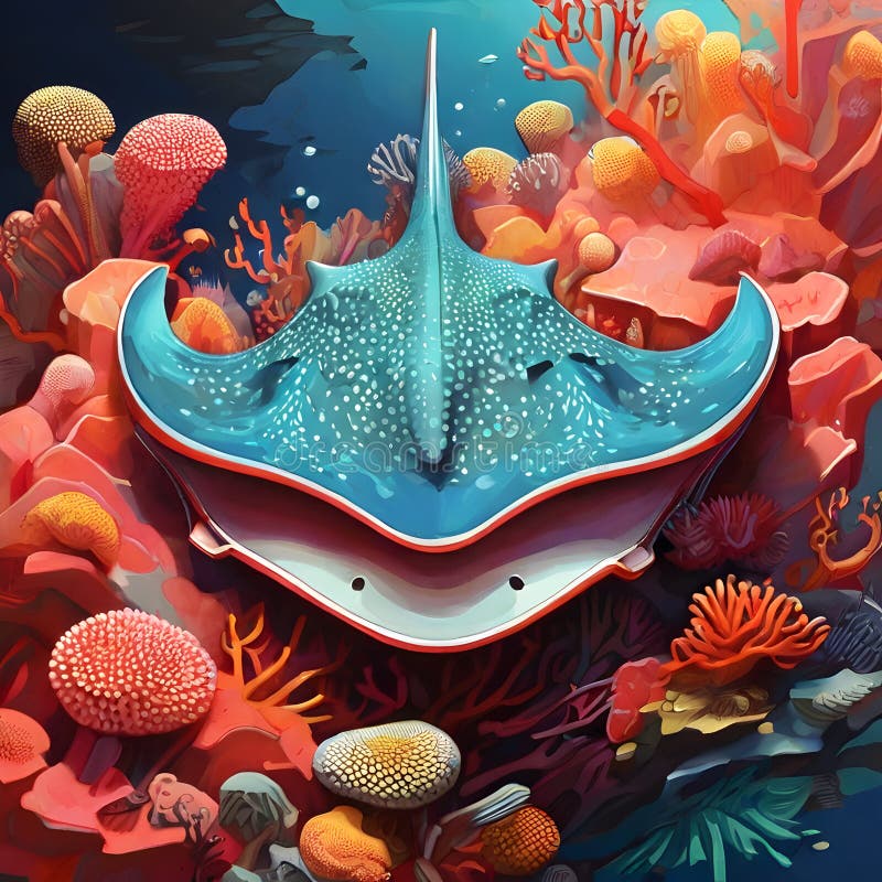 A Colorful Stingray Swims Around the Vibrant Corals Stock Illustration ...