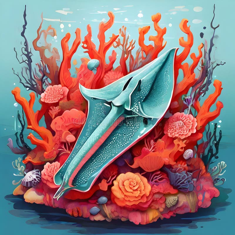 A Colorful Stingray Swims Around the Vibrant Corals Stock Illustration ...