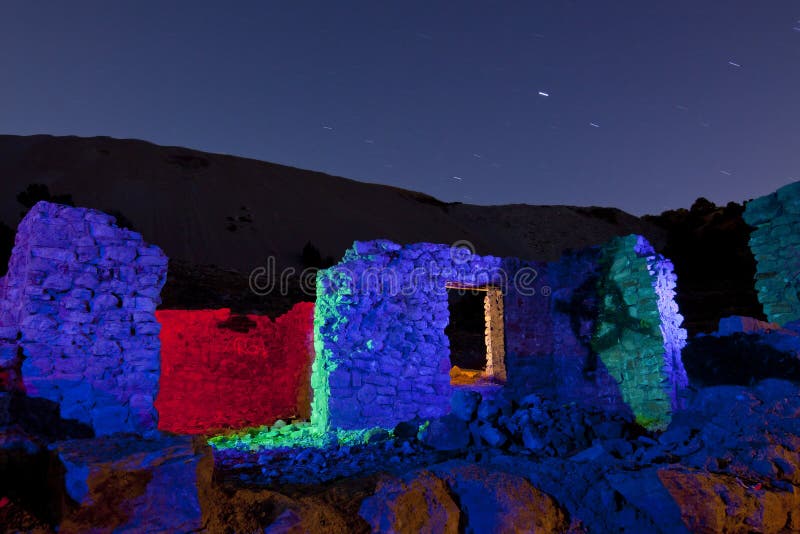 Colorful Stone Ruins at Night Stock Image - Image of building ...