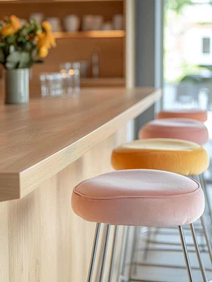 Colorful Stools at a Sleek Wooden Bar Counter Stock Image - Image of ...