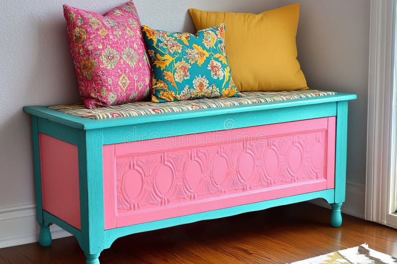 Colorful Storage Bench with Cushions in Vibrant Bedroom Setting Stock ...