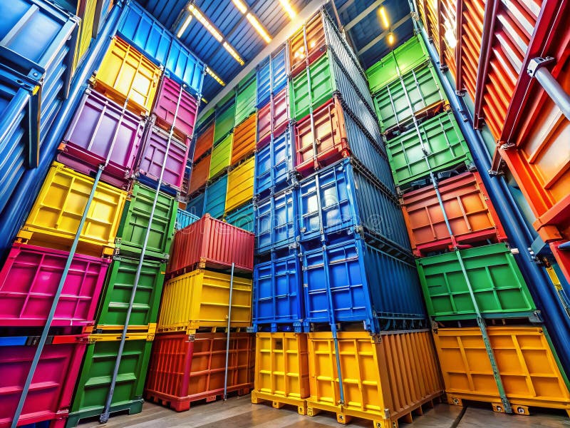 Colorful Storage Containers Stacked High in Industrial Warehouse Stock ...