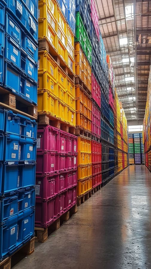 Colorful Storage Crates Arranged in a Warehouse with Organized Stacks ...