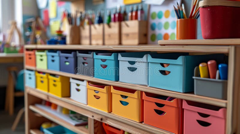 Colorful Storage Drawers in an Organized Classroom Stock Image - Image ...