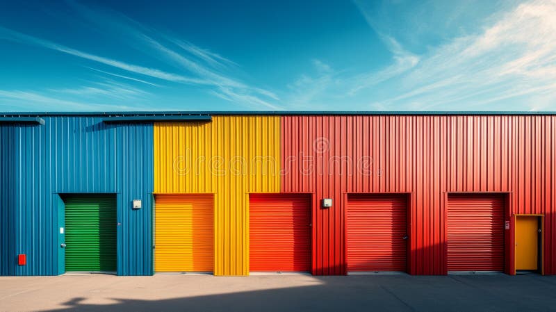 Colorful Storage Facility with Vibrant Roll-up Doors in a Sunny, Clear ...