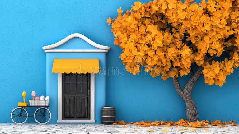 Colorful Storefront with an Orange Tree Under a Blue Backdrop Stock ...