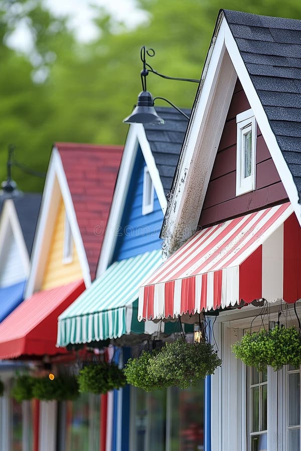 Colorful Storefronts with Striped Awnings, Creating a Cheerful and ...