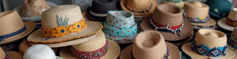 Colorful Straw Hats Display with Patterns and Decorations Stock Photo ...