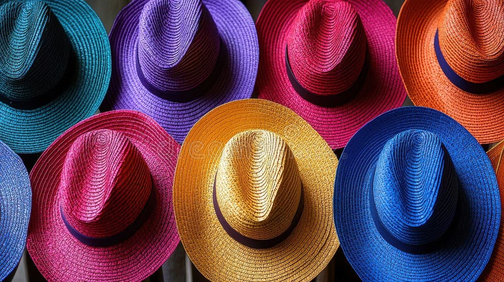 Colorful Straw Hats Displayed in a Vibrant Array Stock Illustration ...