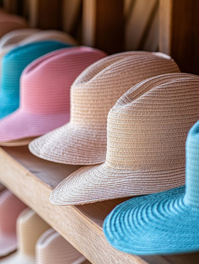 Colorful Straw Hats Displayed on a Wooden Shelf. Stock Photo - Image of ...