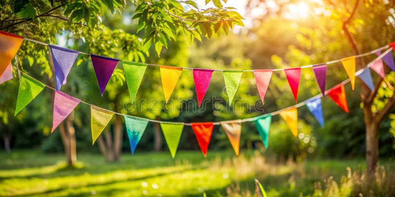 Colorful Streamer with Triangular Flags in the Graden Summer Background ...