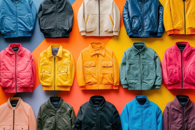 Colorful Street Jackets Displayed in Rows on a Bright Background with ...