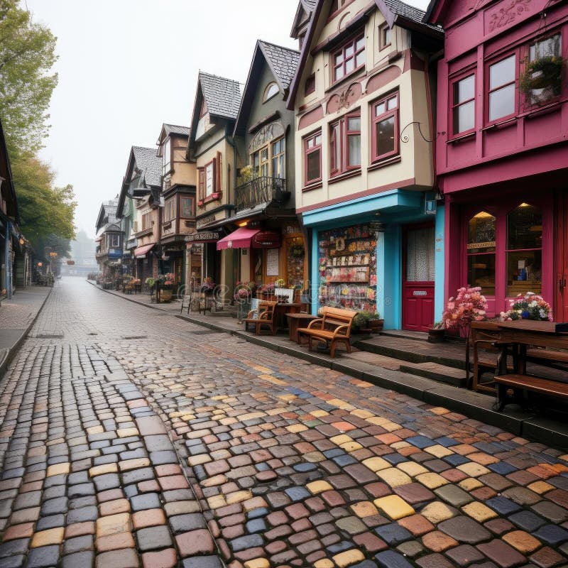 Colorful Street with Medieval Fantasy Elements and Misty Atmosphere ...