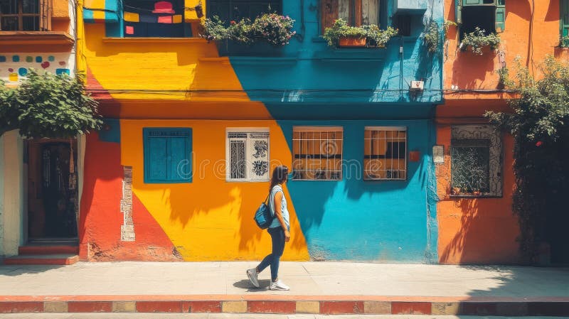 Colorful Street Scene with a Walking Figure Stock Illustration ...