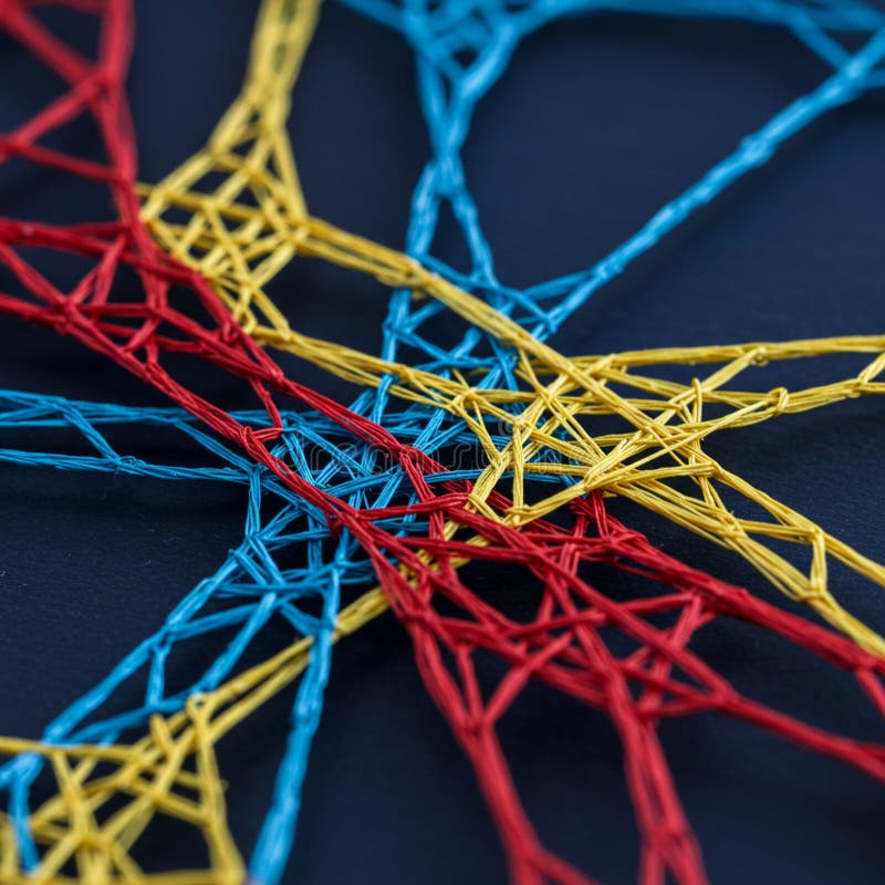 Colorful String Art Featuring Intersecting Threads in Blue, Red, and ...