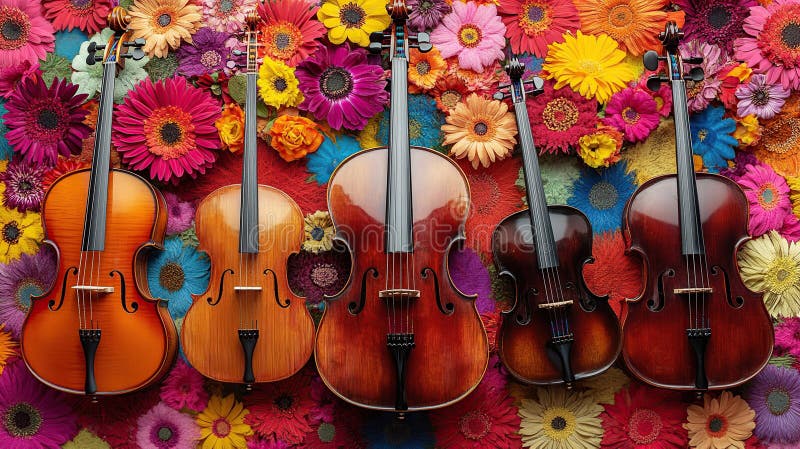 Colorful String Instruments Surrounded by Vibrant Flowers Stock ...