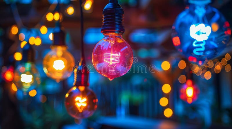 Colorful String Lights Glowing in the Evening Stock Image - Image of ...