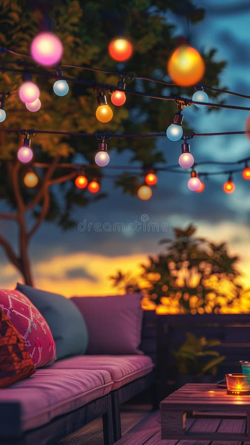 Cozy Outdoor Living Space String Lights Sunset View Stock Photos - Free ...