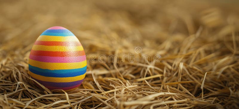Colorful Striped Easter Egg Resting on Straw Background for Festive ...