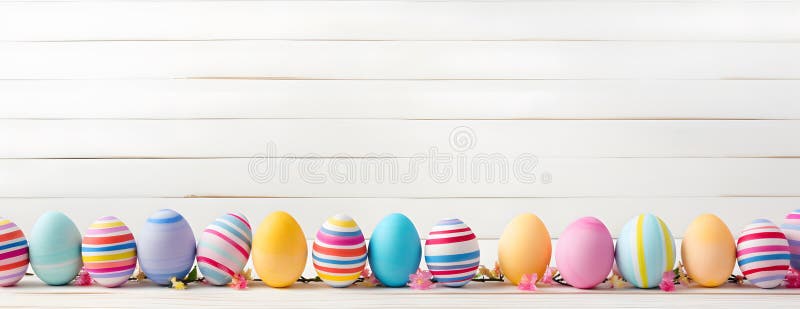 Colorful Striped Easter Eggs on White Wood Background Stock ...