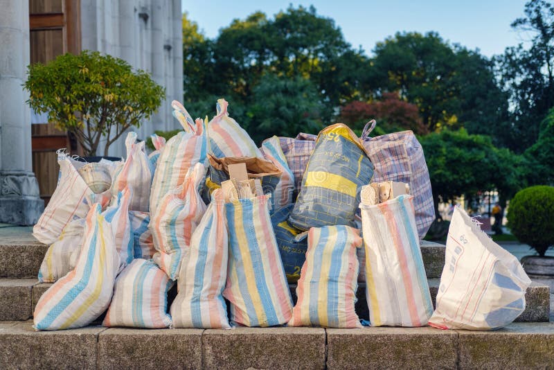 Colorful Stripy Sacks on the Stone Stairs Stock Photo - Image of color ...