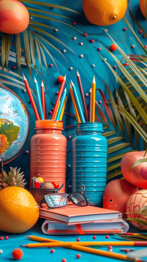 Colorful Study Desk with Glasses, Pencils, Globe, and Plants, Perfect ...