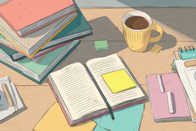 Study Desk Setup Featuring Textbooks, Coffee, and Colorful Sticky Notes ...