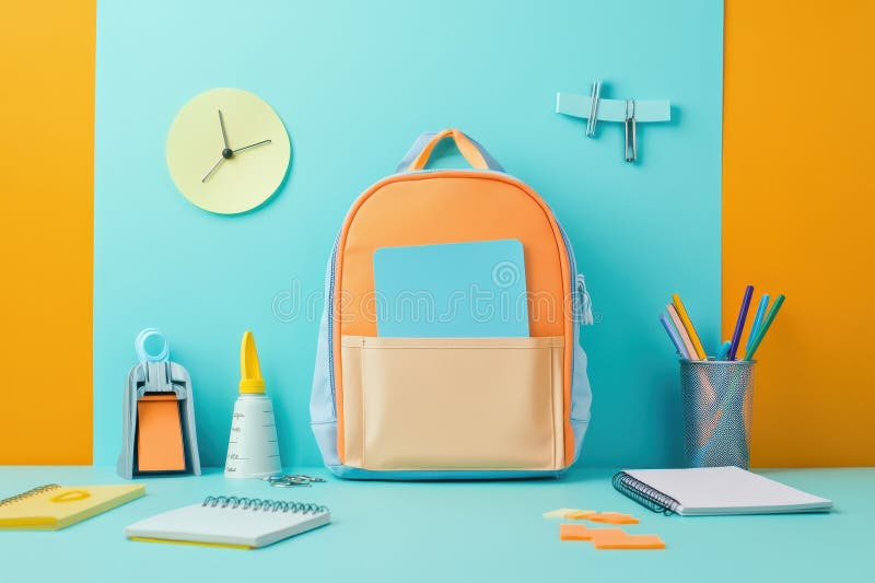 A Colorful Study Setup Featuring a Backpack, Stationery, and ...