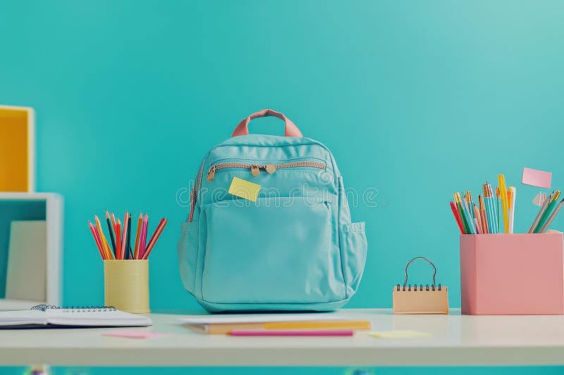 A Colorful Study Space Featuring a Backpack and Stationery Items on a ...
