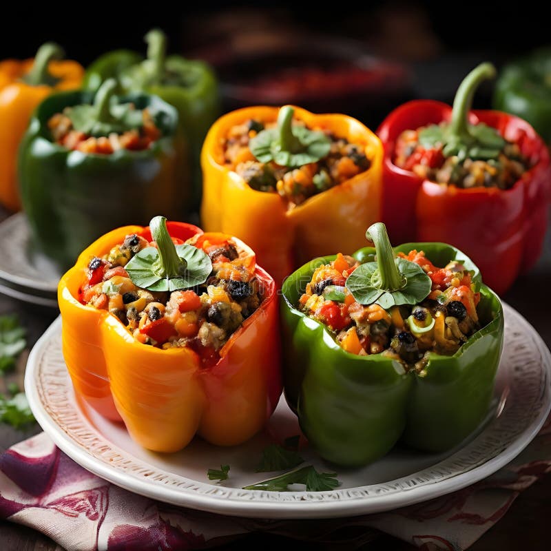 Colorful Stuffed Bell Peppers Arranged on a Plate Stock Illustration ...