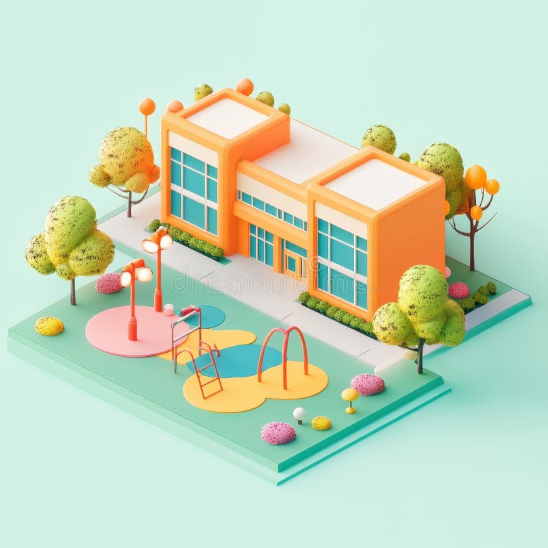 A Colorful, Stylized Building with a Playground and Trees, Designed for ...